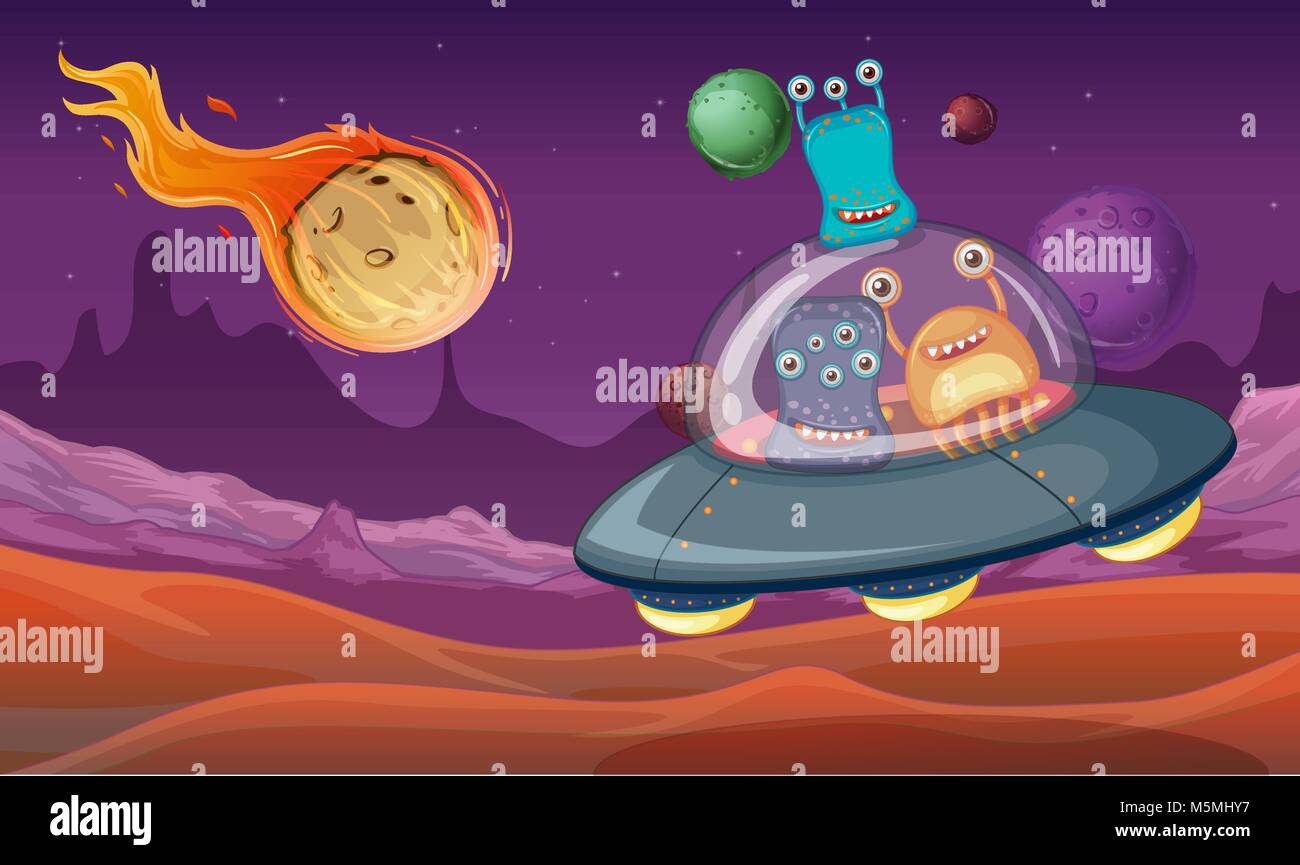 Space theme with aliens in UFO landing on planet illustration Stock ...