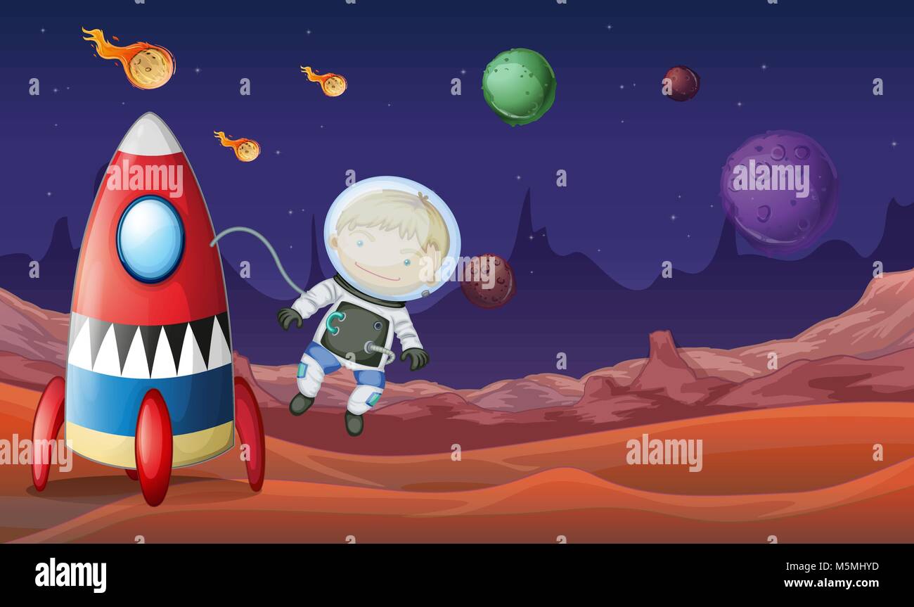 Space theme with astronaut flying out of spaceship illustration Stock ...
