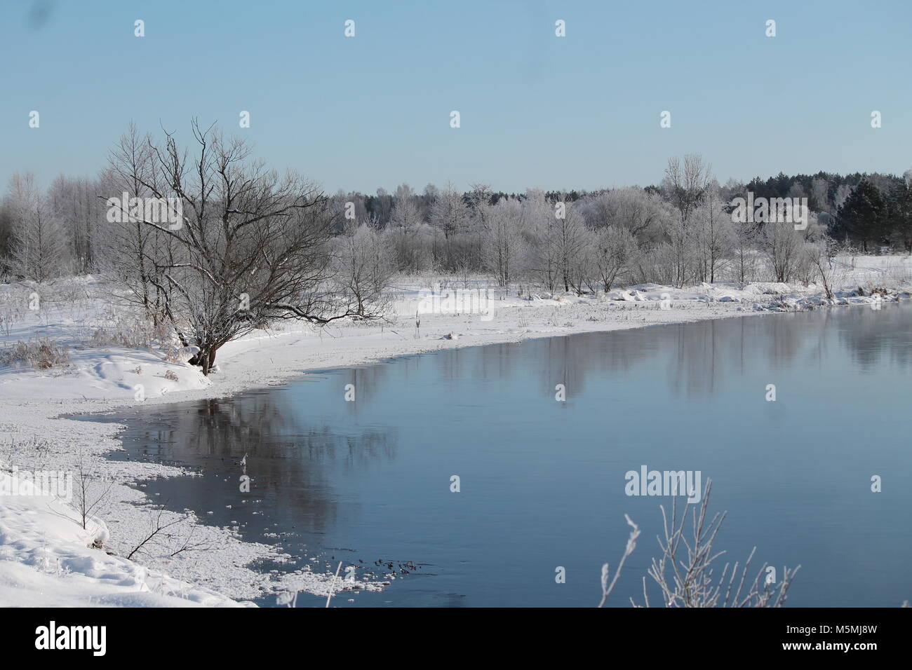 beautiful landscape river bank in cold winter day covered shine snow ...