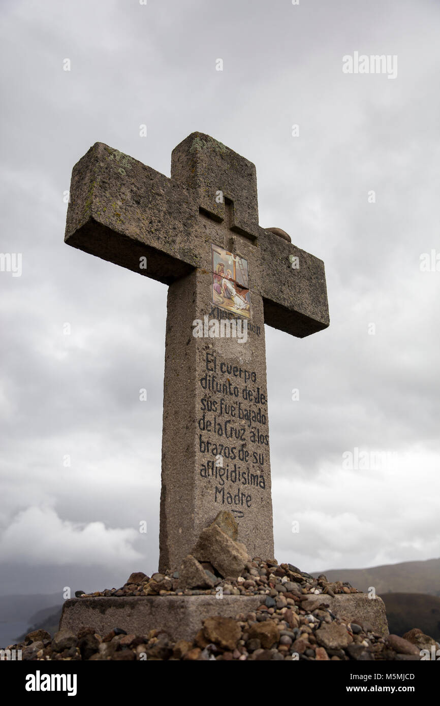 Cross at Cerro Calvario (Calvalry Hill) on lake Titicaca in Copacabana ...