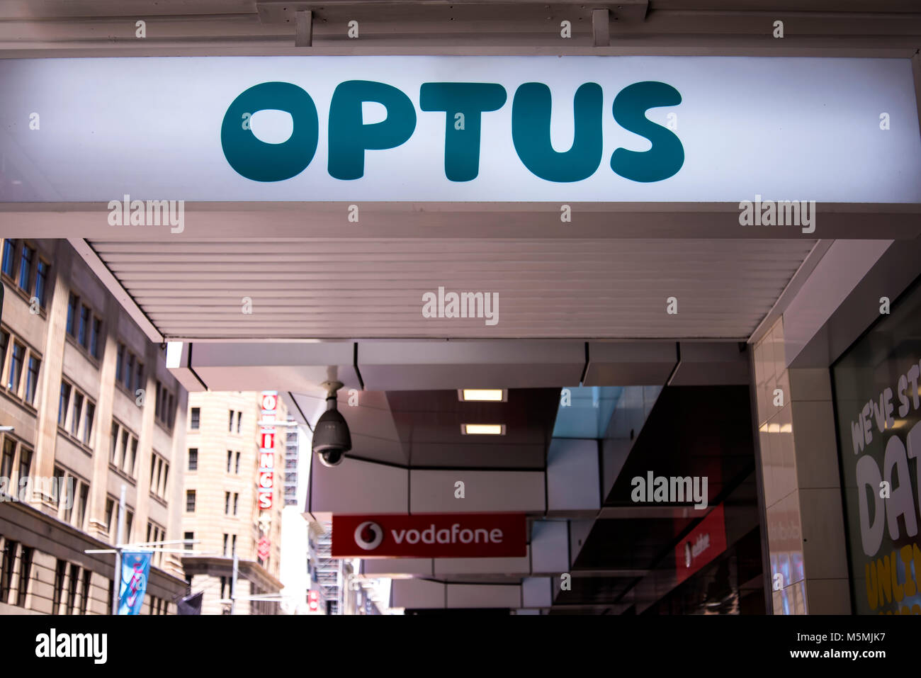 SYDNEY, AUSTRALIA - FEBRUARY 12, 2015: Detail of the Optus store in ...