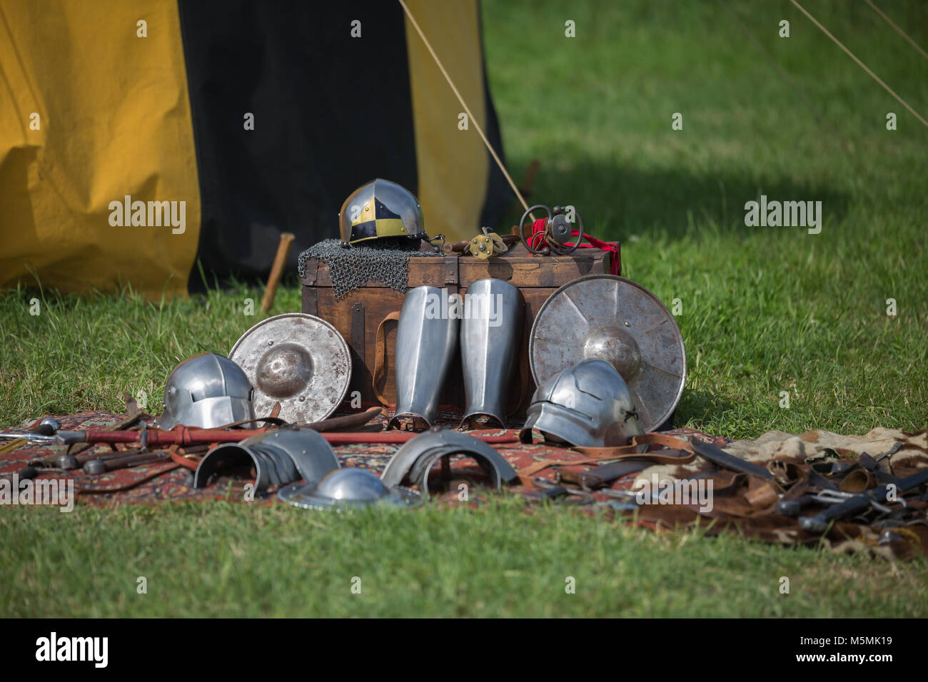 Helmets, Shields and Medieval Metallic Armors and Weapons, Outdoors ...