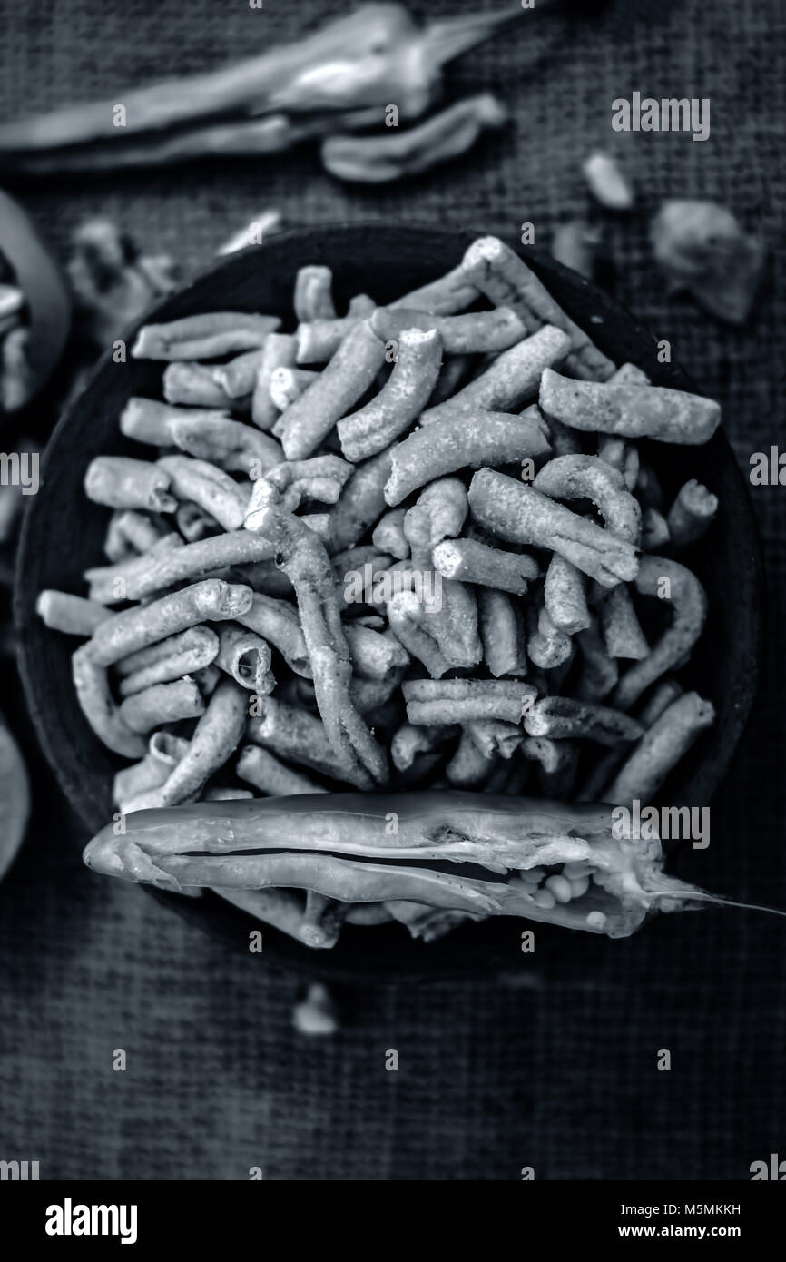 Close up of Indian appetizer, tikha gathiya, bhavnagri gathiya, served ...