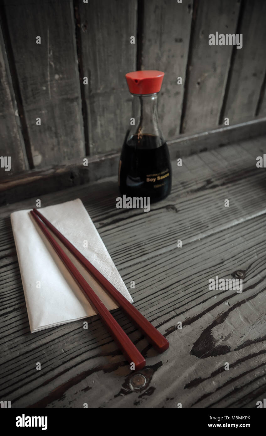 Detail Of An Asian Restaurant Counter Table With Soy Sauce, Chopsticks ...