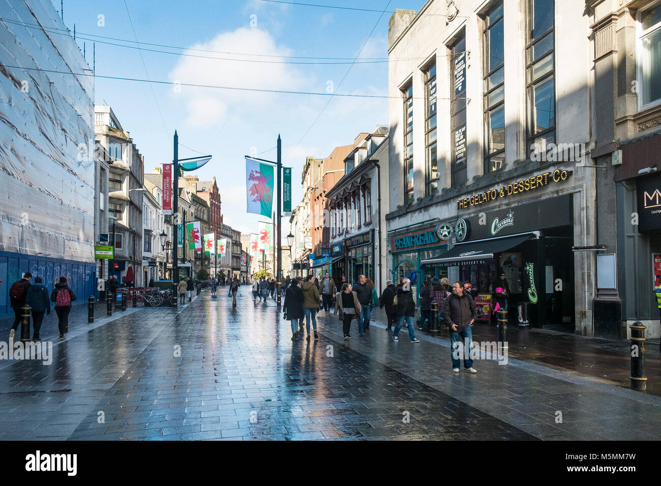 A street scene in Cardiff City centre Wales Stock Photo - Alamy
