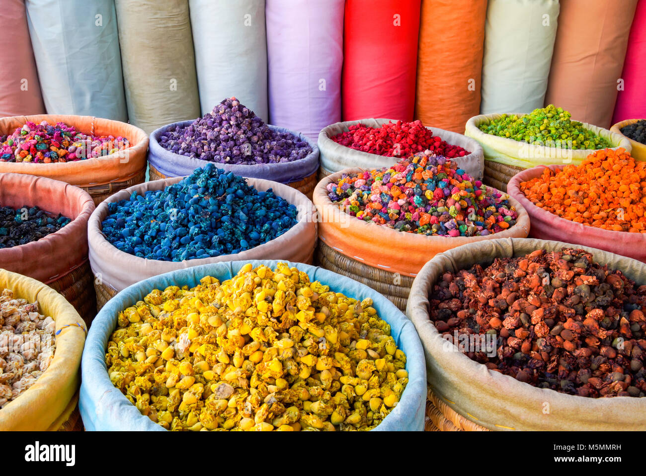 Colorful display of products from flowers and plants, Marrakesh ...