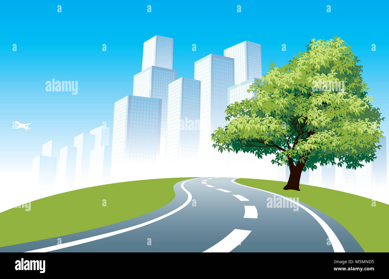 Big tree at the road, cityscape silhouette in the background Stock ...