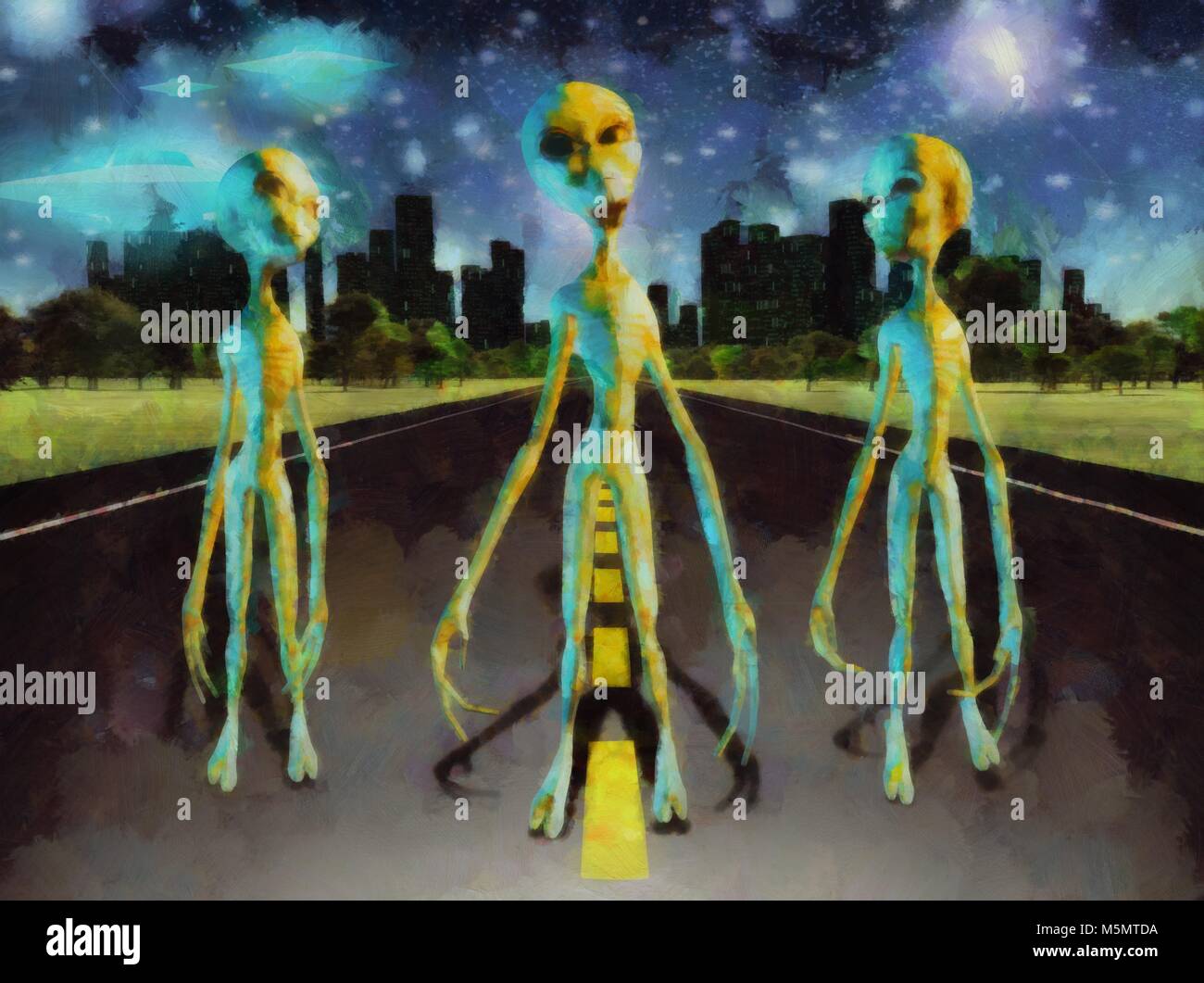 Fantastic painting. Three aliens stands on the road. City at the ...