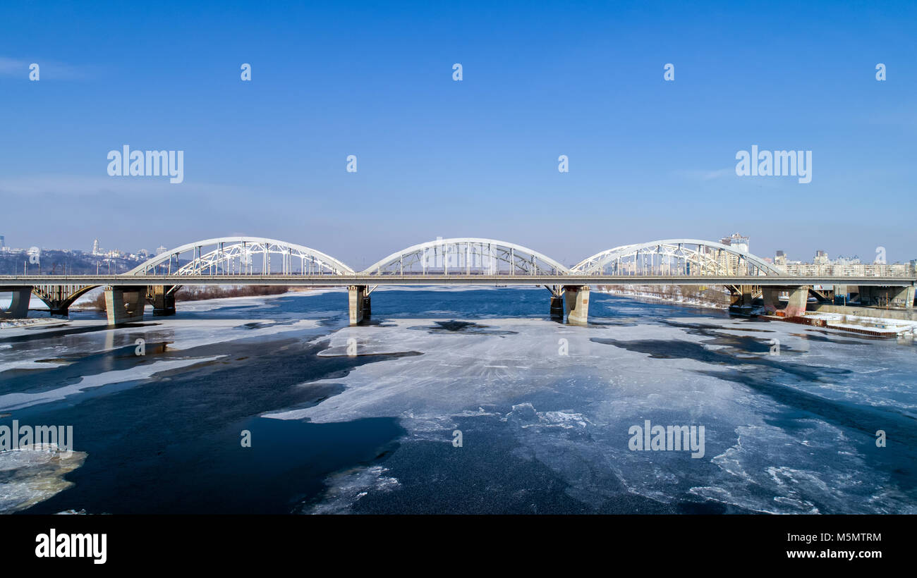 Aerial view of the Kiev city, Ukraine. Dnieper river with bridges ...