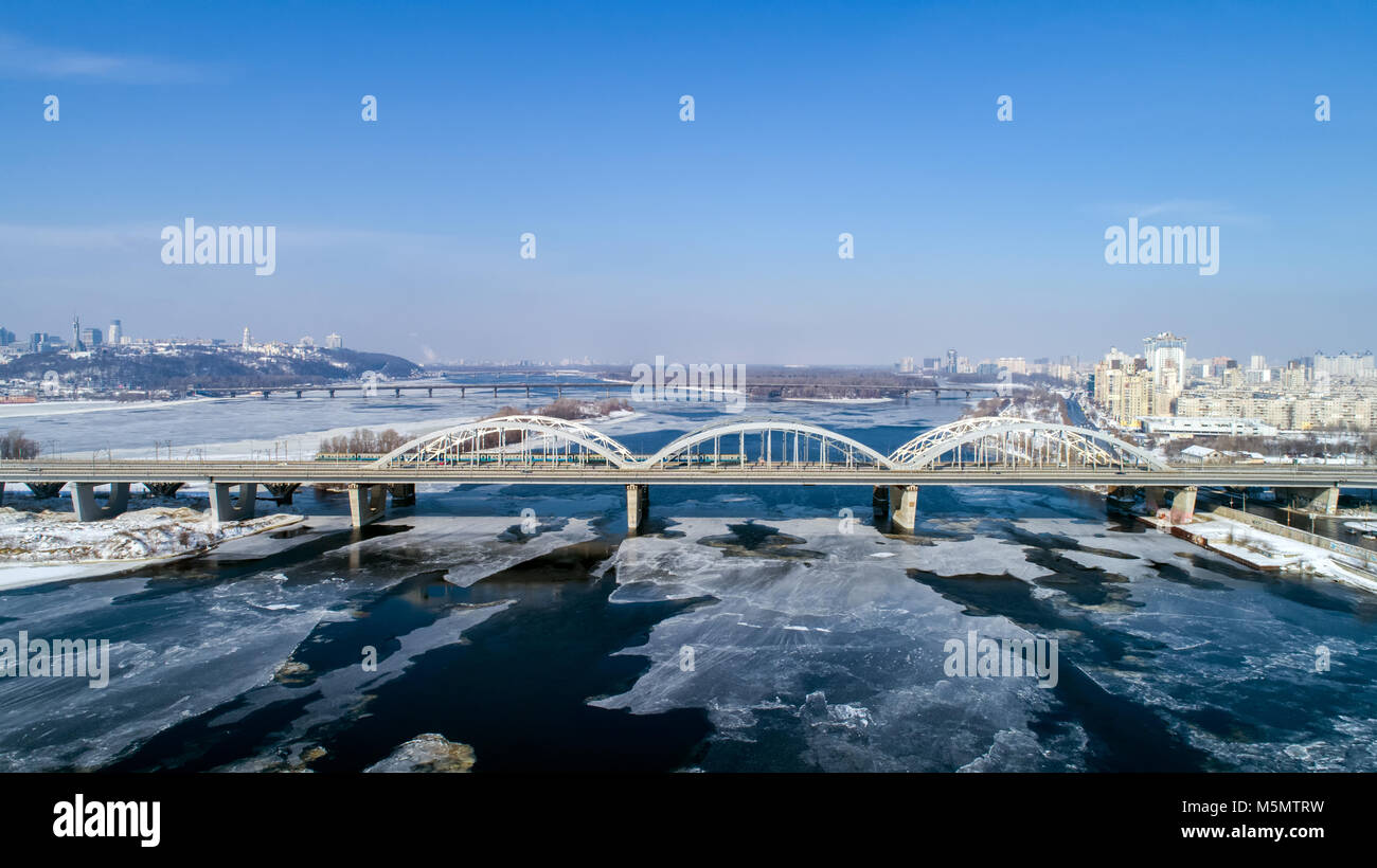 Aerial view of the Kiev city, Ukraine. Dnieper river with bridges ...