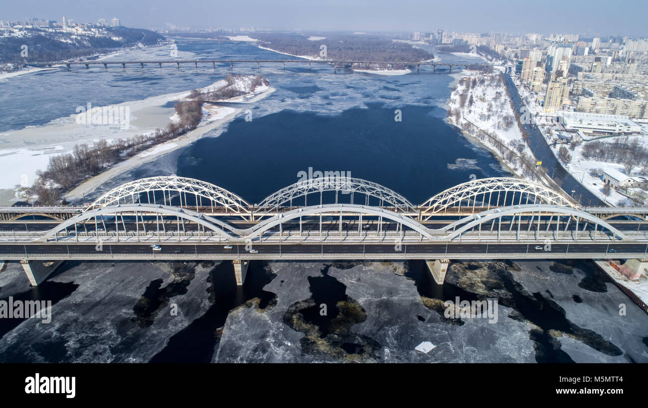 Aerial view of the Kiev city, Ukraine. Dnieper river with bridges ...
