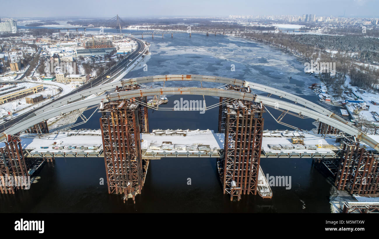 Rusty unfinished bridge in Kiev, Ukraine. Combined car and subway ...