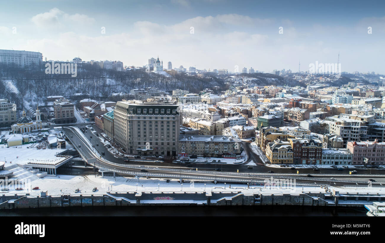 Aerial view of River Port, Podil and Postal Square in Kiev, the capital ...