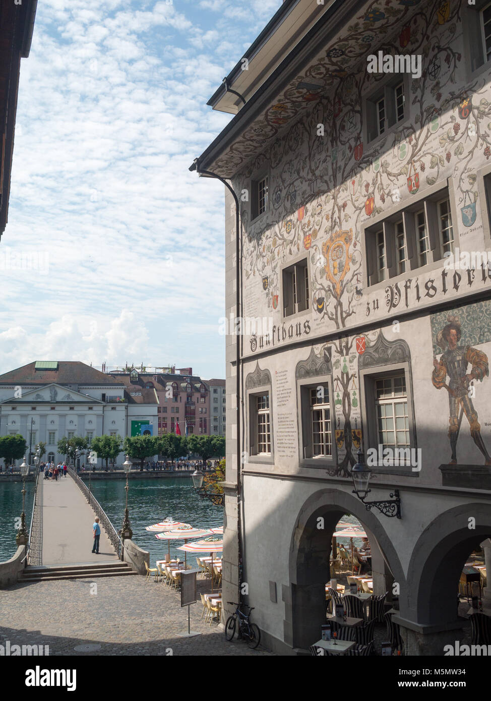 Reuss Bridge and painted building facade, Luzern Stock Photo - Alamy