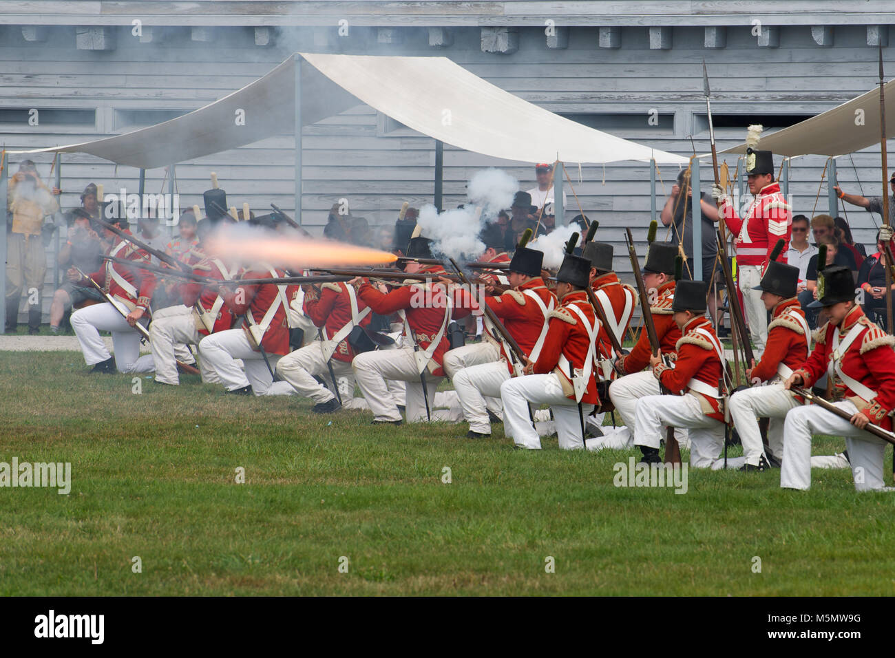 Soldiers performing a battle formation demonstration at a reenactment ...