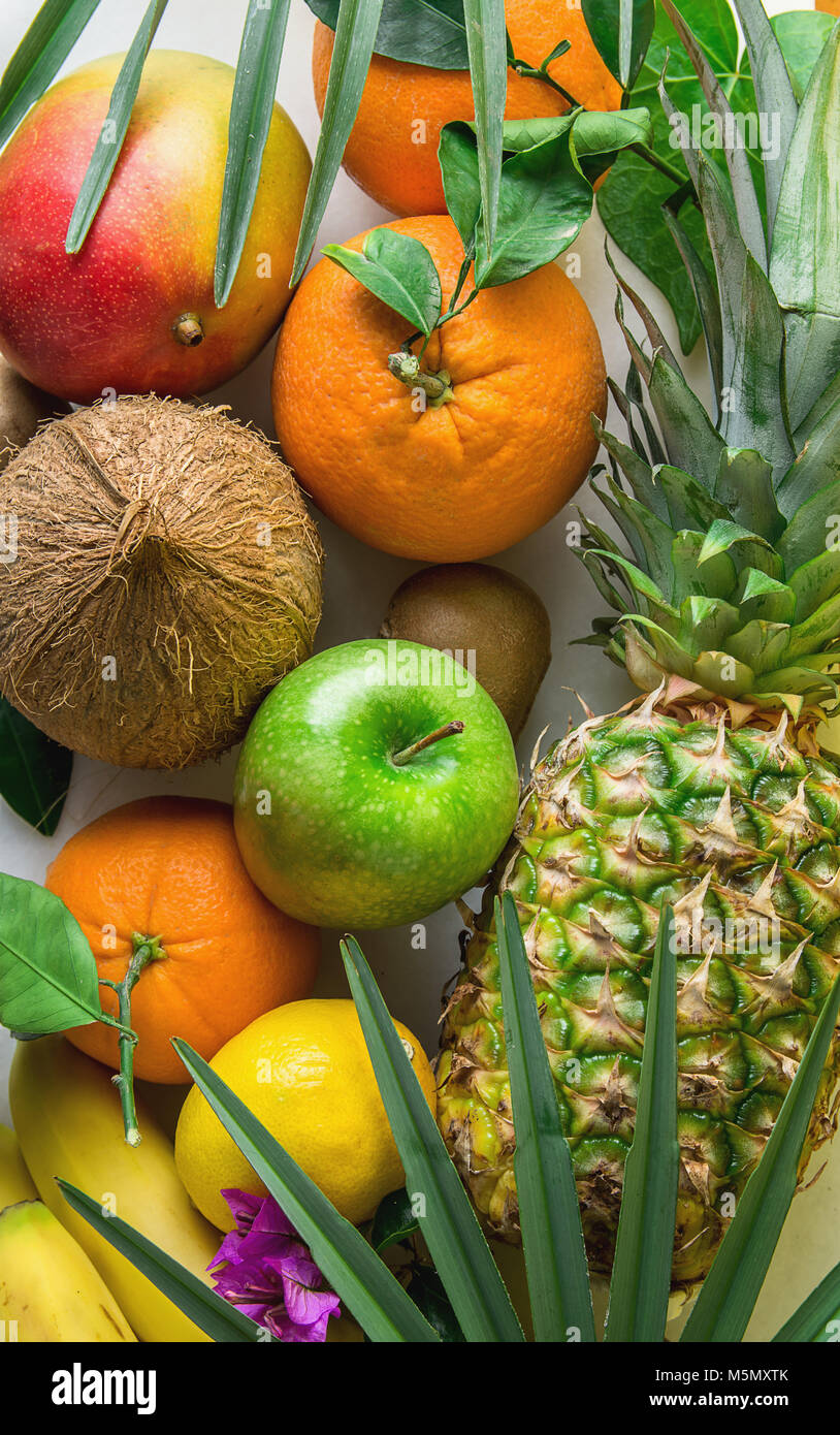 Variety of Different Tropical and Summer Fruits. Pineapple Mango ...