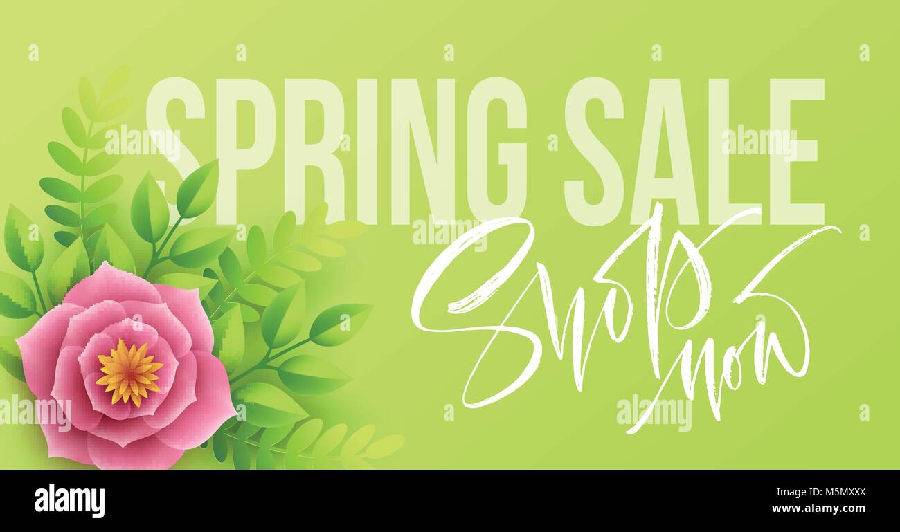 Spring sale banner with paper flowers and calligraphy lettering. Vector ...