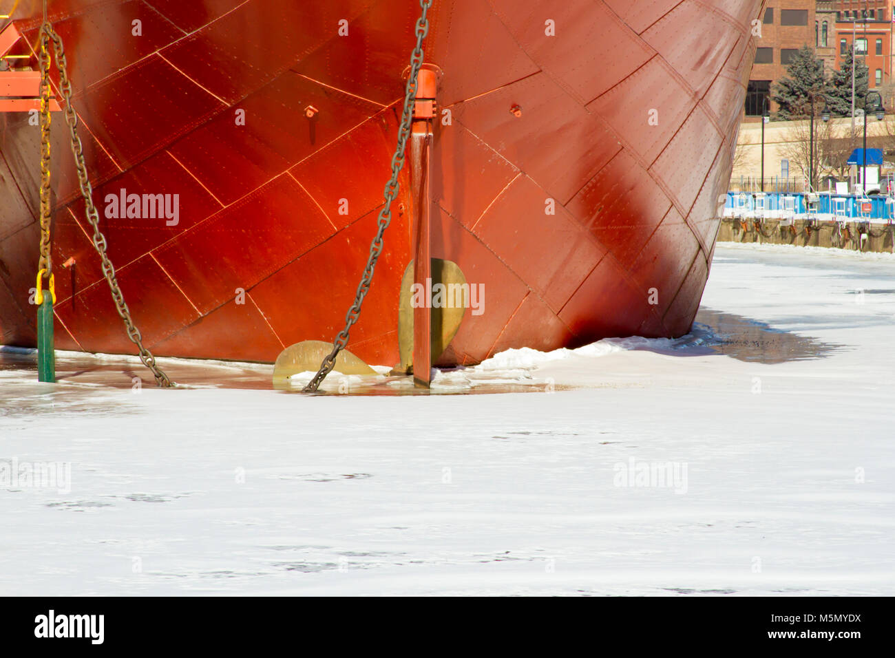 Ship hull in frozen harbor along Lake Superior in Duluth, Minnesota ...