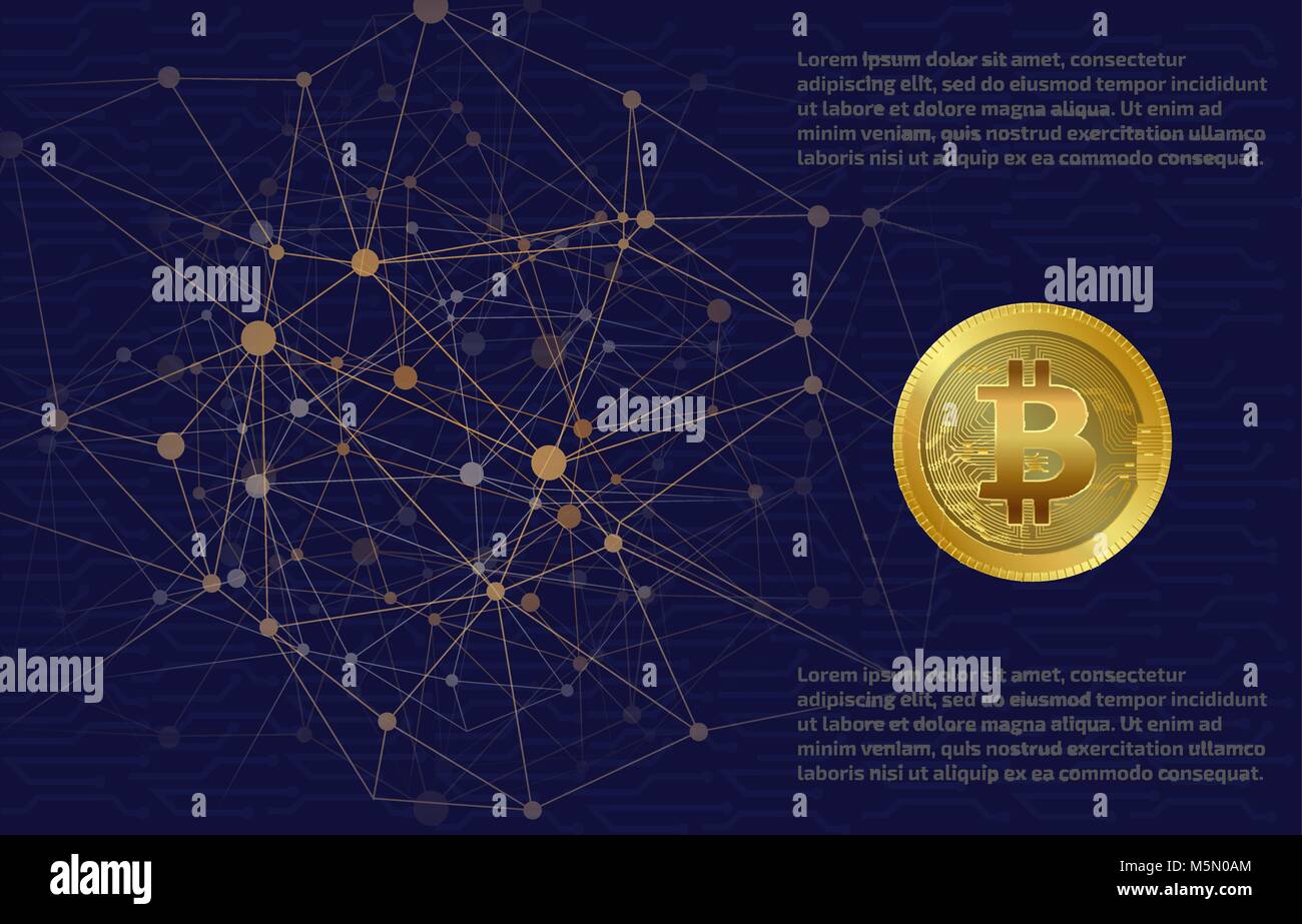 Gold bitcoin with blockchain elements, background of microchips Stock ...