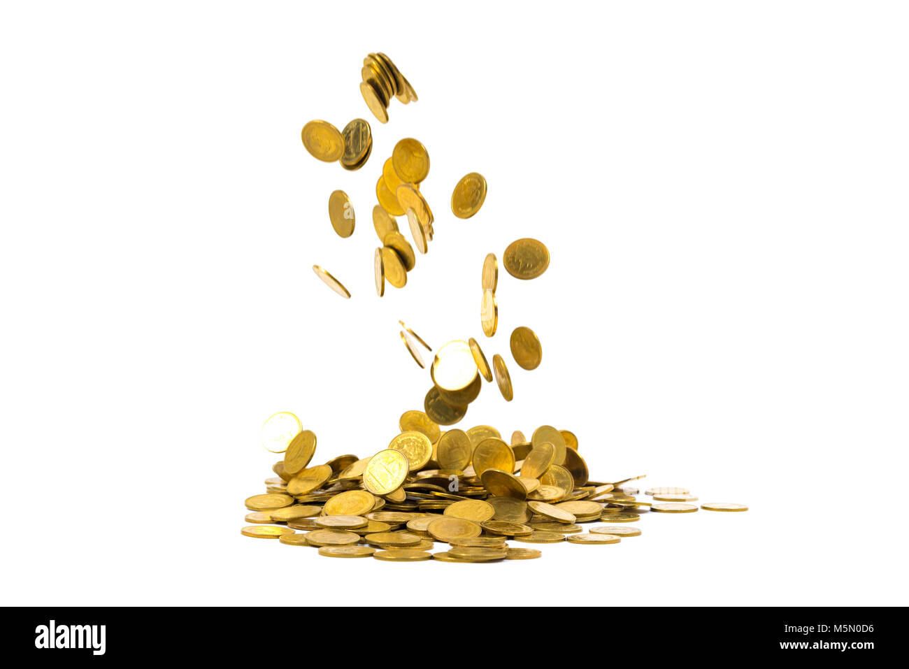 Falling gold coins money isolated on the white background, business ...