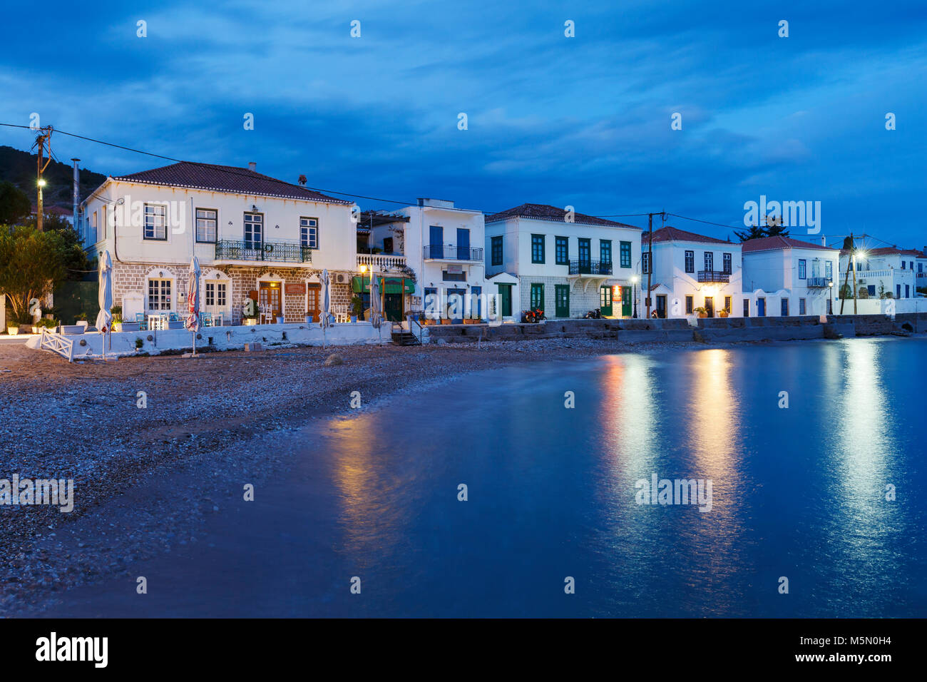 Morning view of Spetses village and its seafront, Greece Stock Photo ...