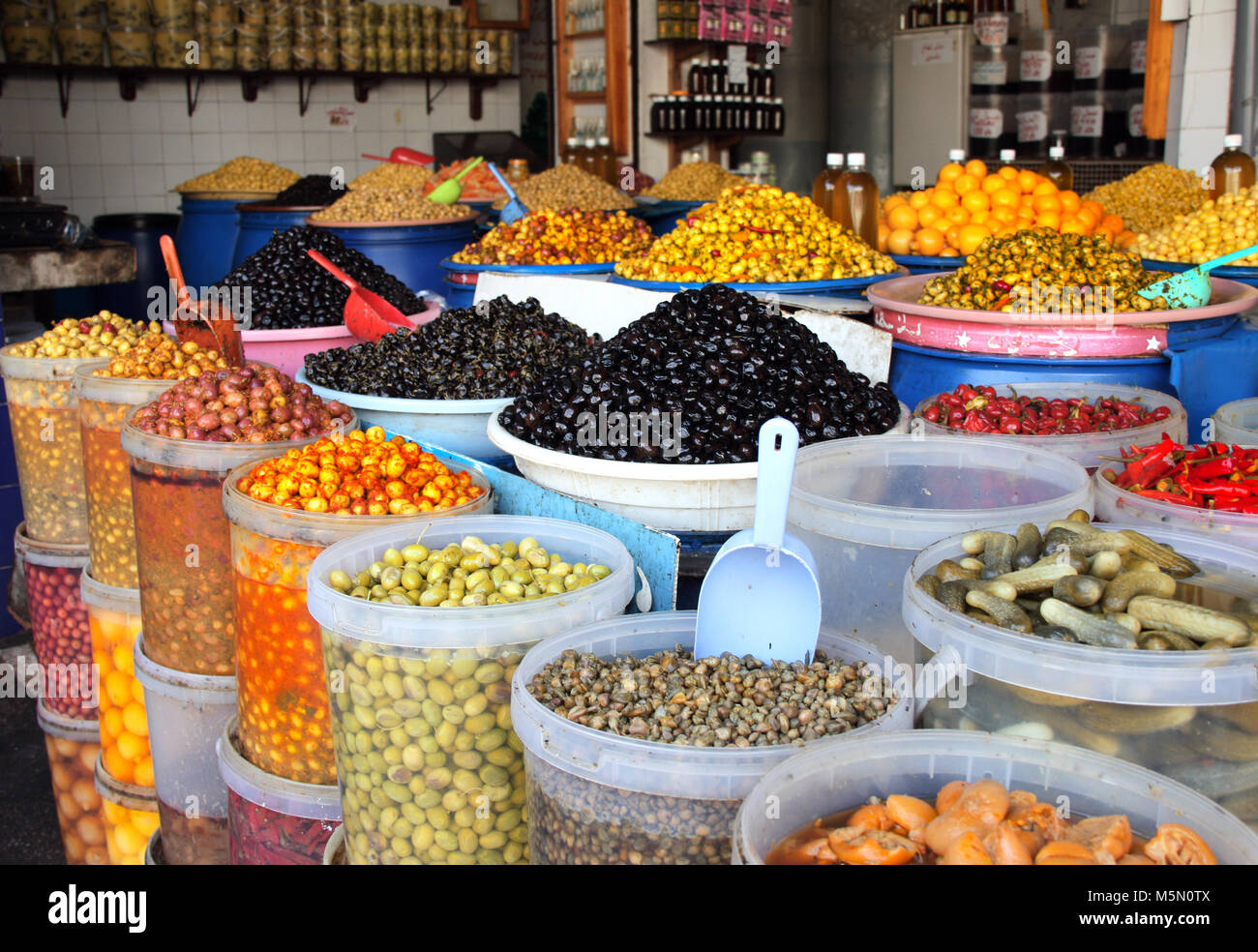 Piickled olives and pepper on a traditional Moroccan market (souk ...