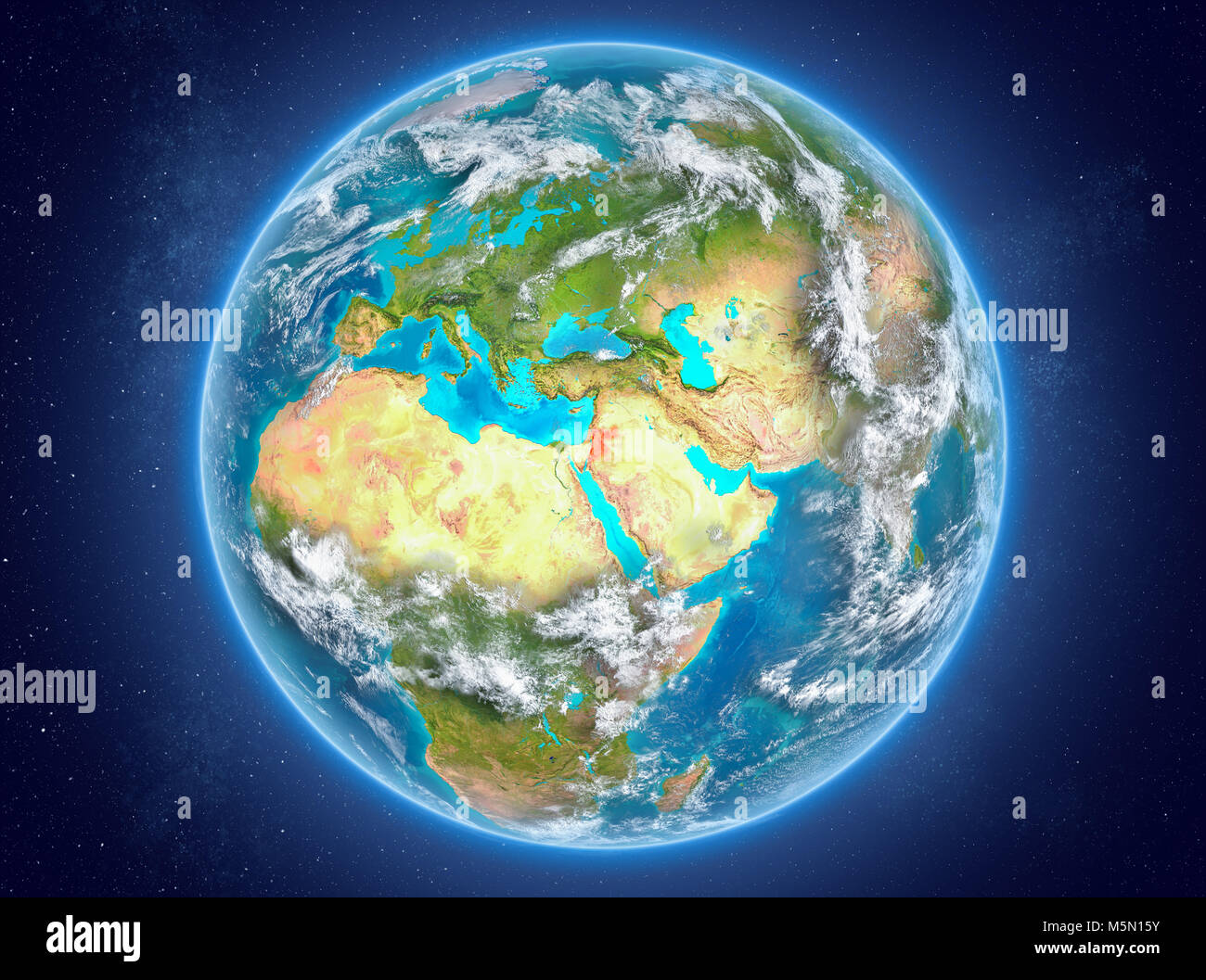Jordan in red on model of planet Earth with clouds and atmosphere in ...