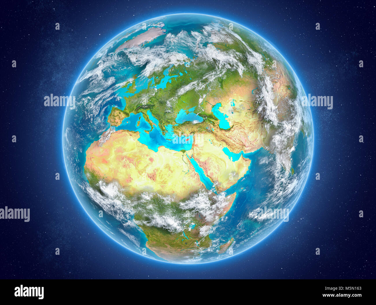 Cyprus in red on model of planet Earth with clouds and atmosphere in ...