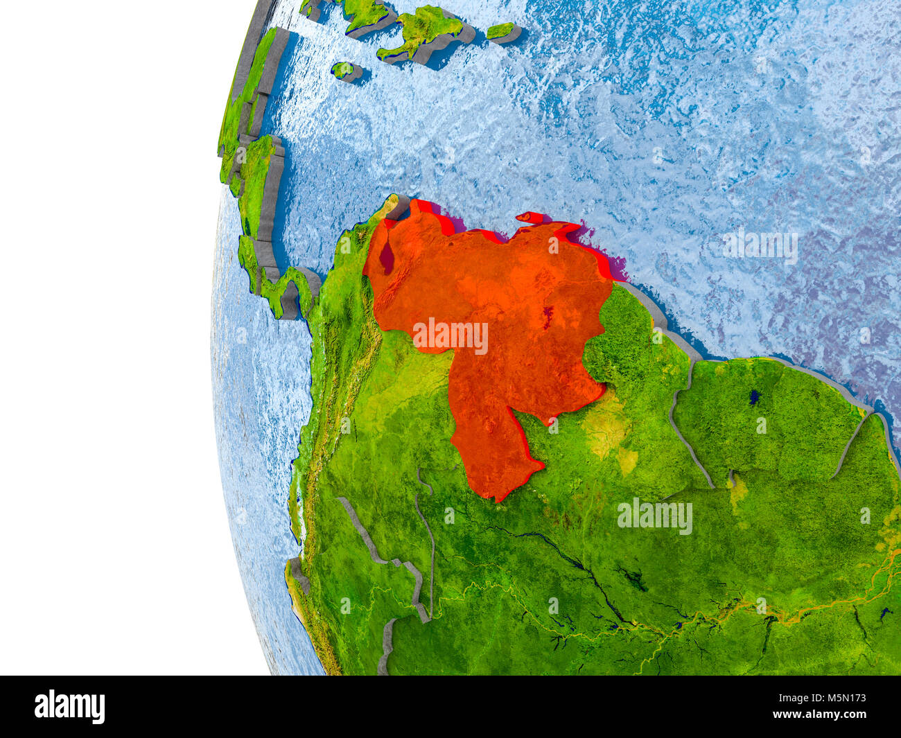 Venezuela in red on globe with real land surface, visible country ...