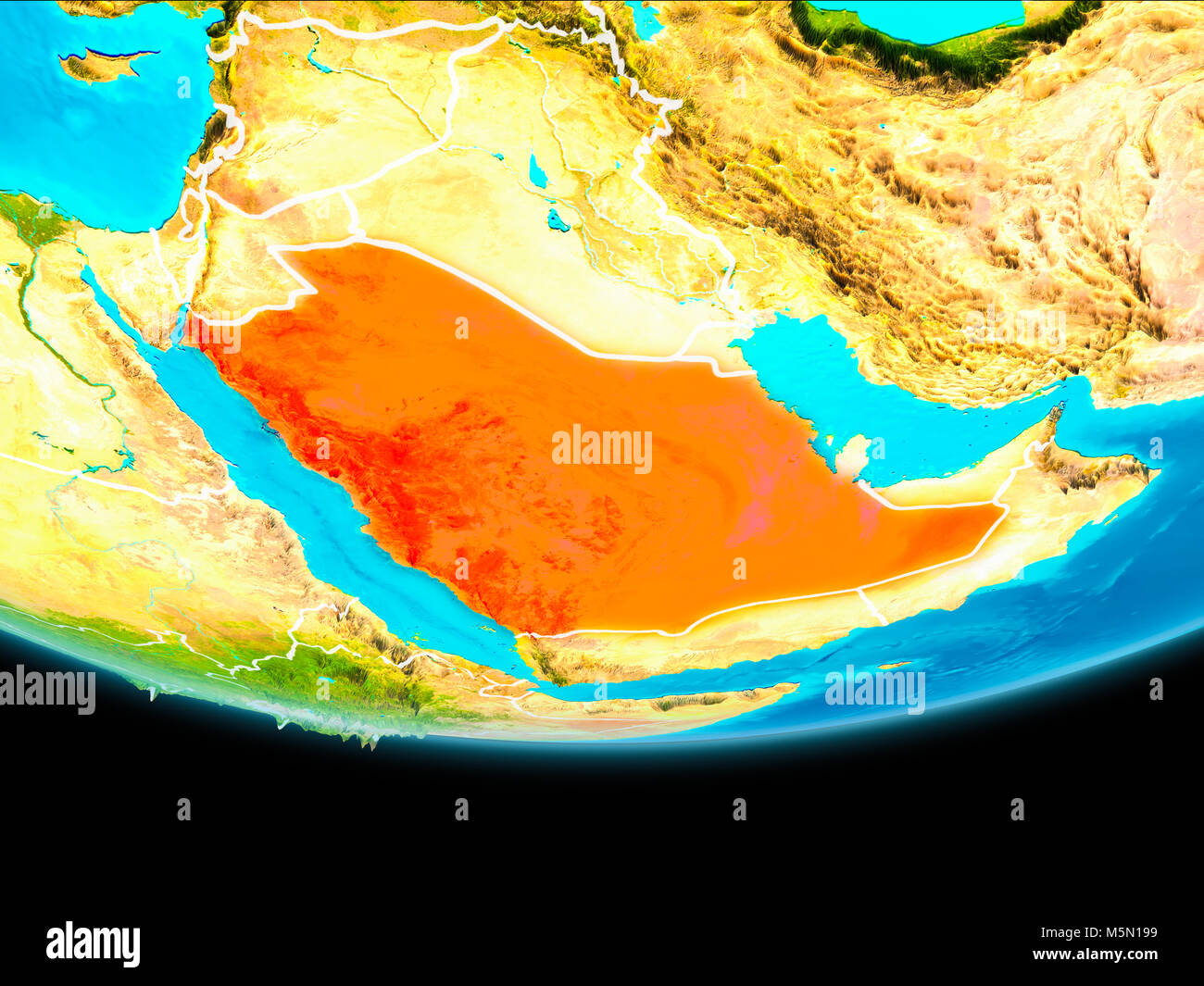 Saudi Arabia from orbit of planet Earth with visible borderlines. 3D ...