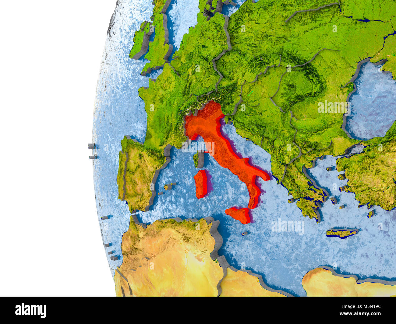 Italy in red on globe with real land surface, visible country borders ...