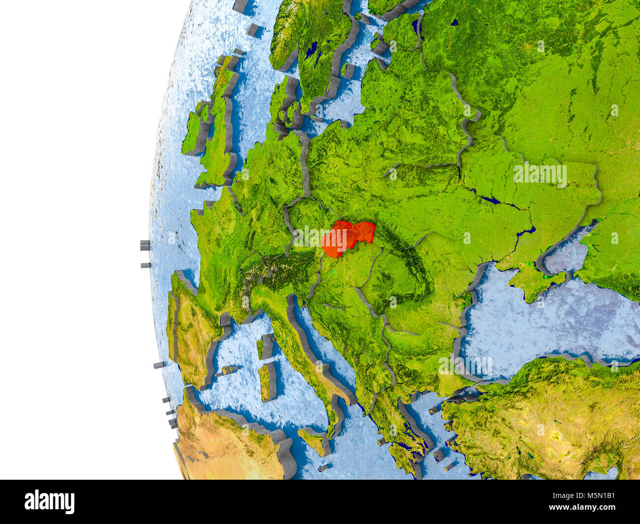 Slovakia in red on globe with real land surface, visible country ...
