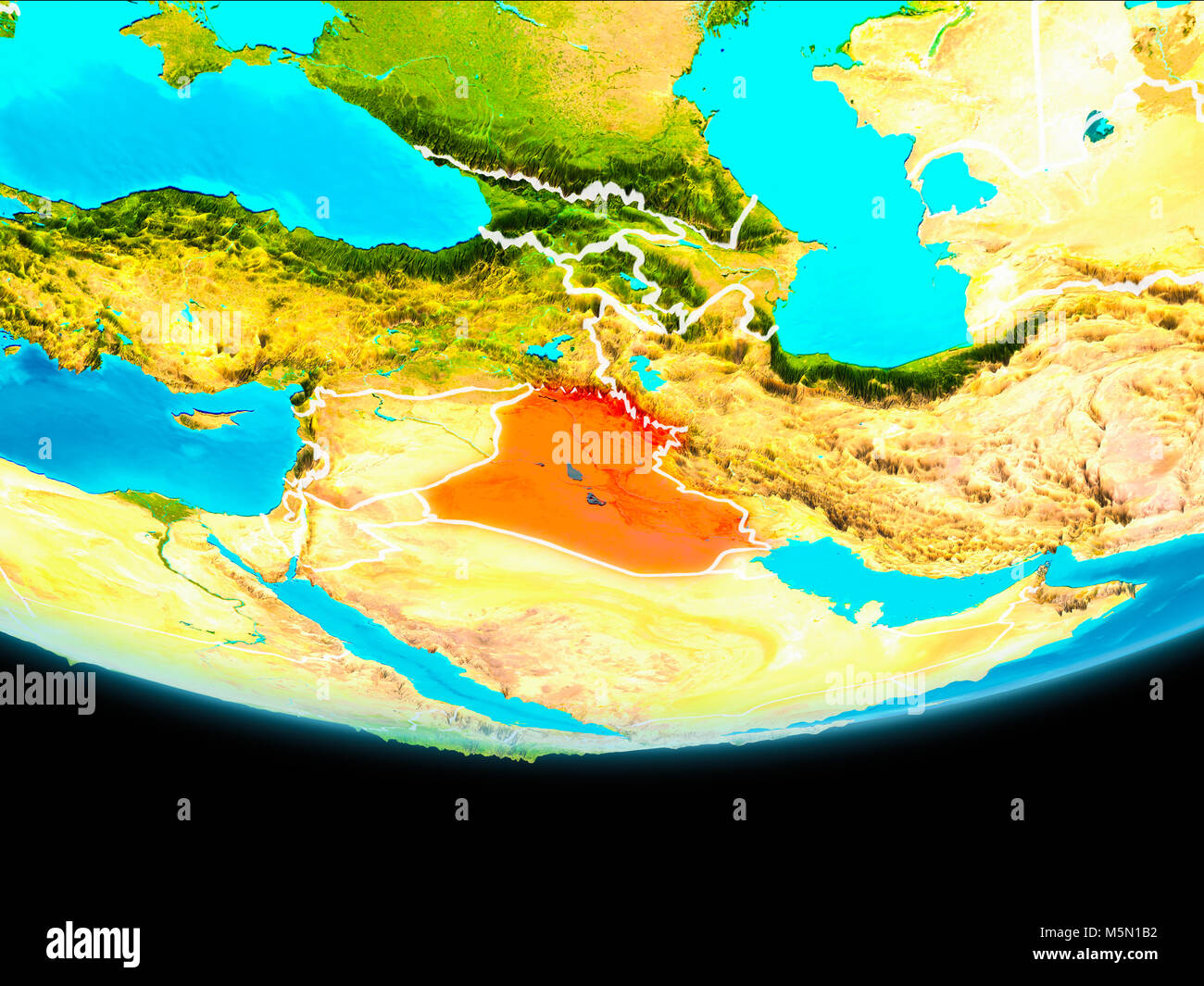 Iraq from orbit of planet Earth with visible borderlines. 3D illustration. Elements of this ...