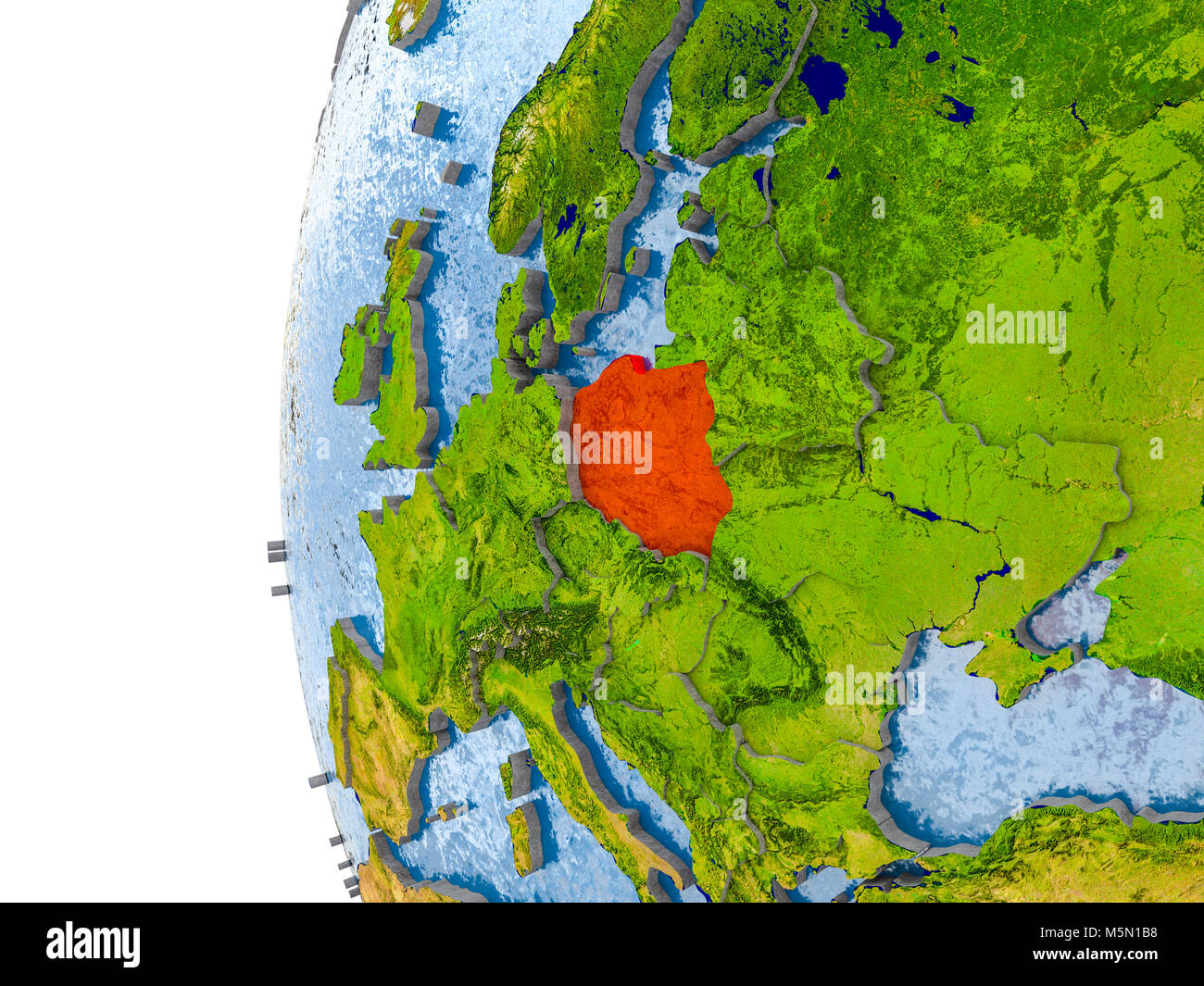 Poland in red on globe with real land surface, visible country borders ...