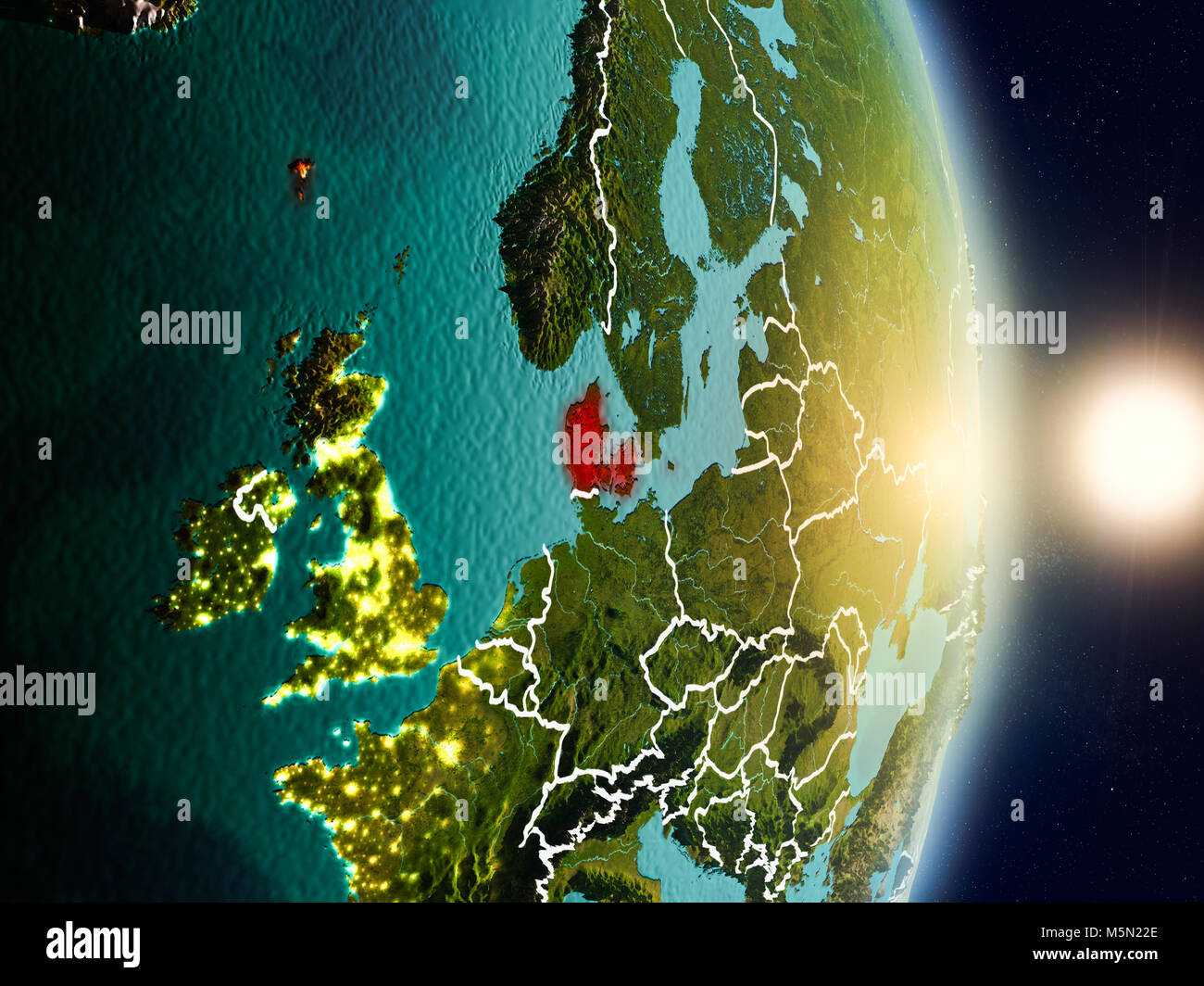 Denmark during sunrise highlighted in red on planet Earth with visible ...
