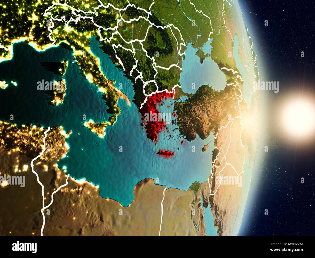 Greece during sunrise highlighted in red on planet Earth with visible ...