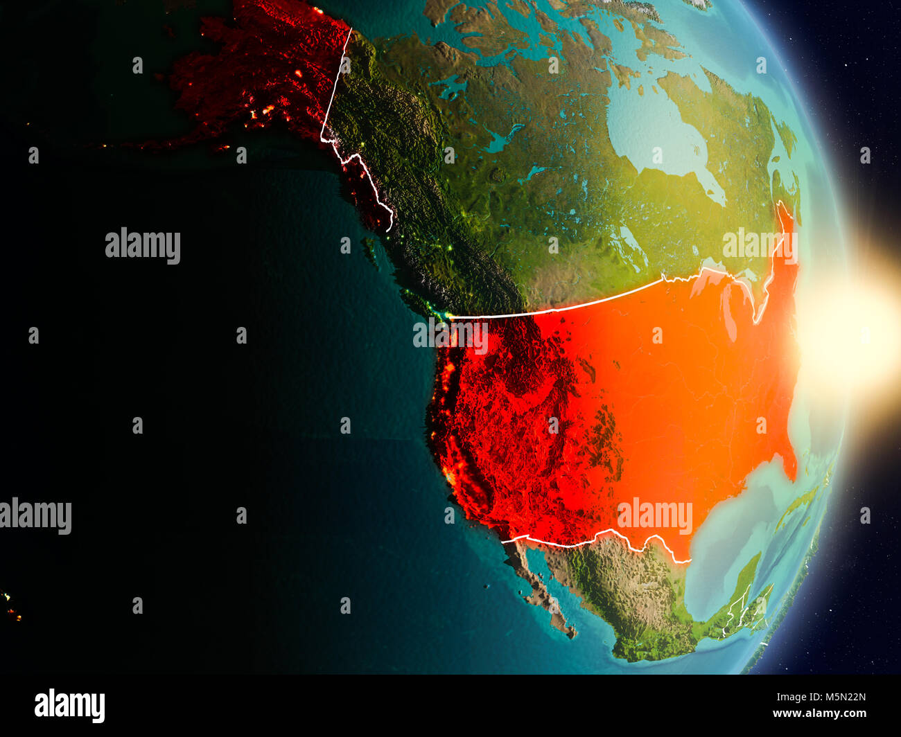 USA during sunrise highlighted in red on planet Earth with visible ...