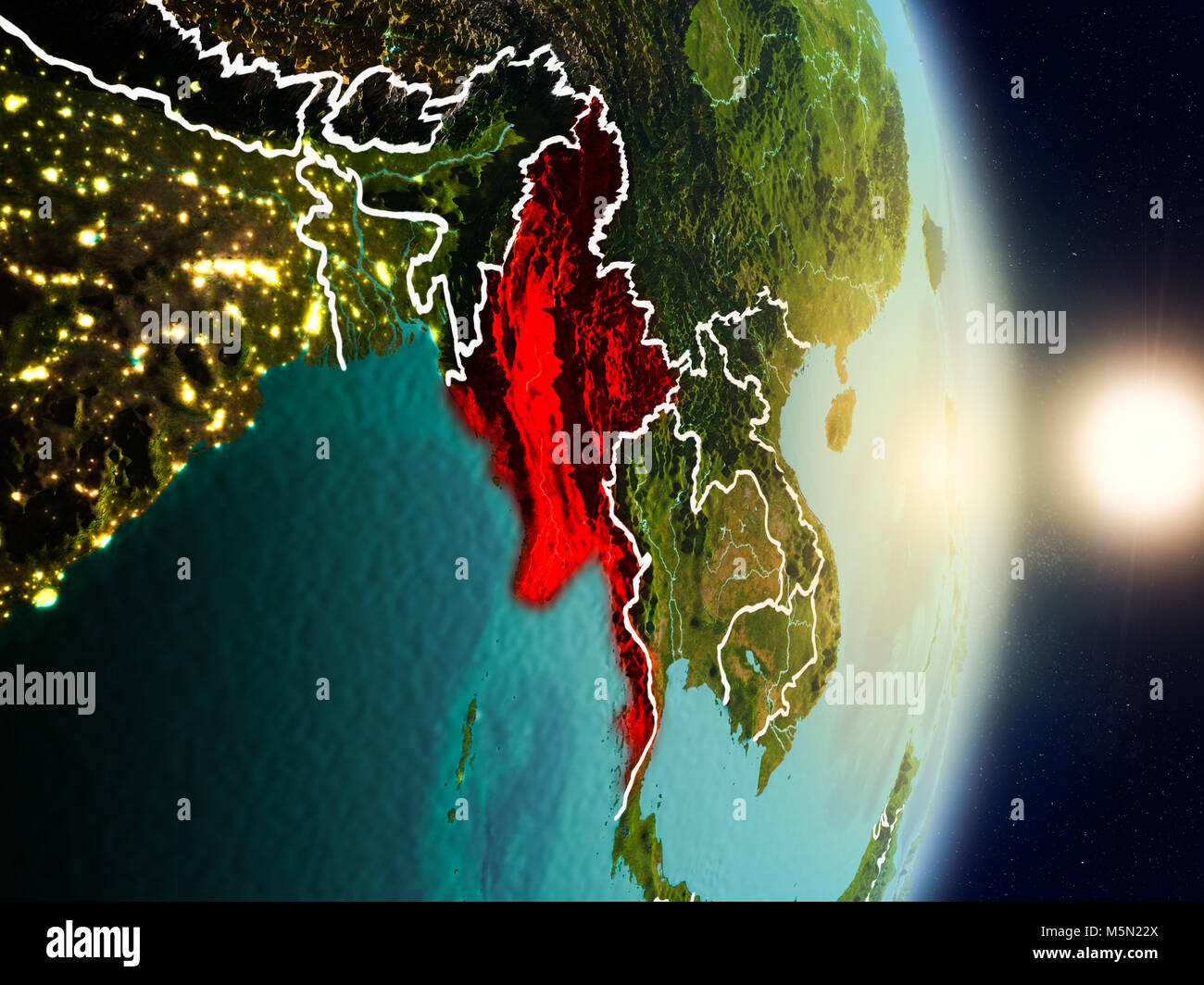 Myanmar during sunrise highlighted in red on planet Earth with visible ...