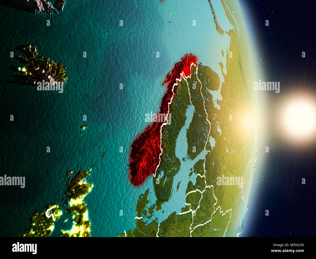 Norway during sunrise highlighted in red on planet Earth with visible country borders. 3D ...