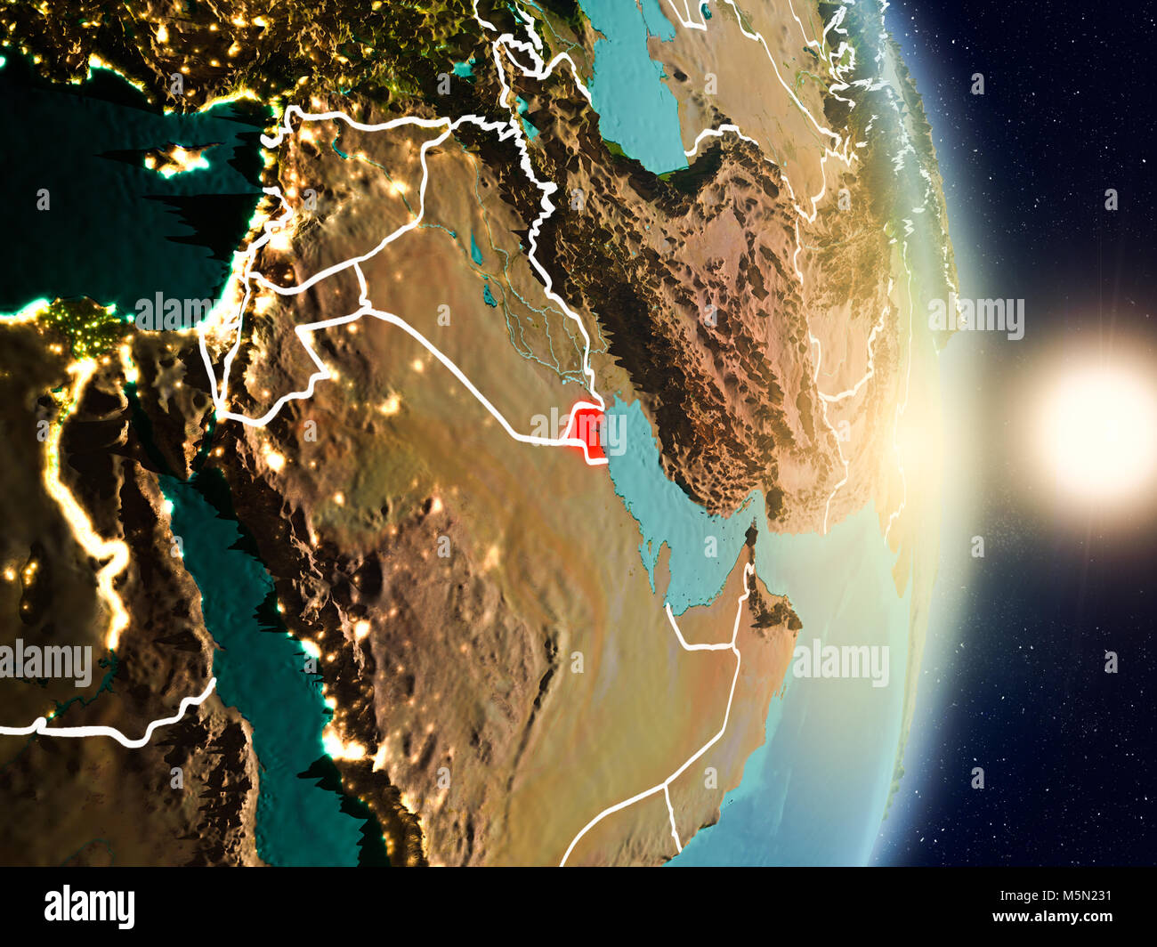 Kuwait during sunrise highlighted in red on planet Earth with visible ...