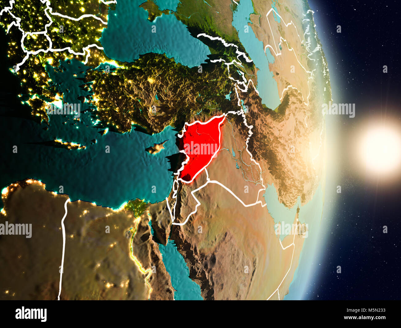 Syria during sunrise highlighted in red on planet Earth with visible ...