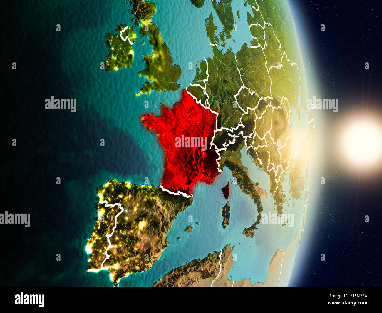 France during sunrise highlighted in red on planet Earth with visible ...