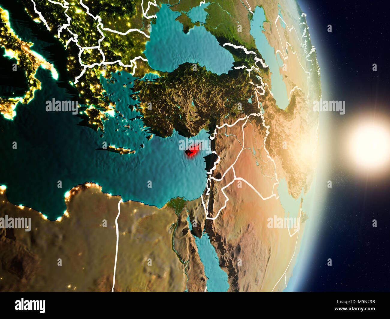 Cyprus during sunrise highlighted in red on planet Earth with visible ...