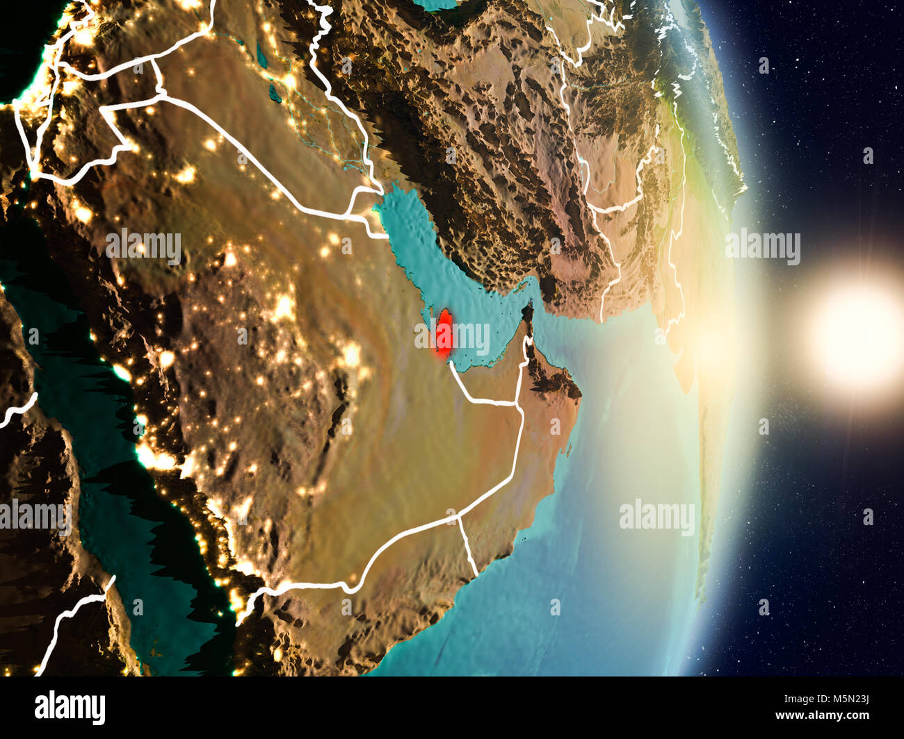 Qatar during sunrise highlighted in red on planet Earth with visible ...