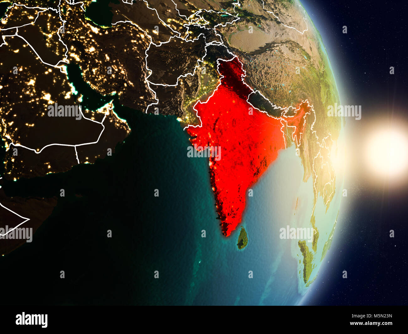 India during sunrise highlighted in red on planet Earth with visible ...