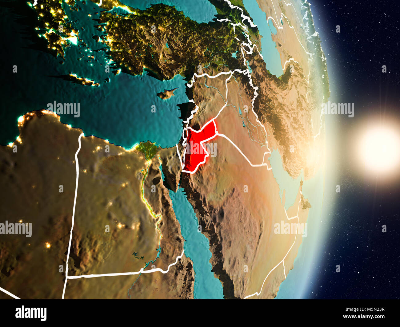 Jordan during sunrise highlighted in red on planet Earth with visible ...