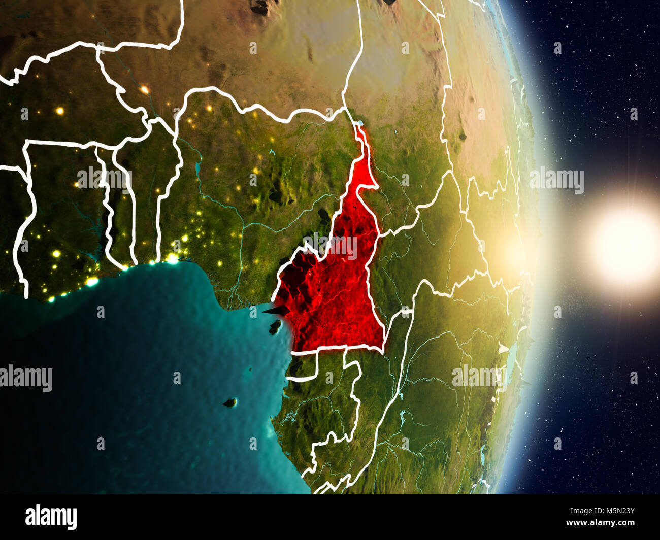 Cameroon during sunrise highlighted in red on planet Earth with visible ...