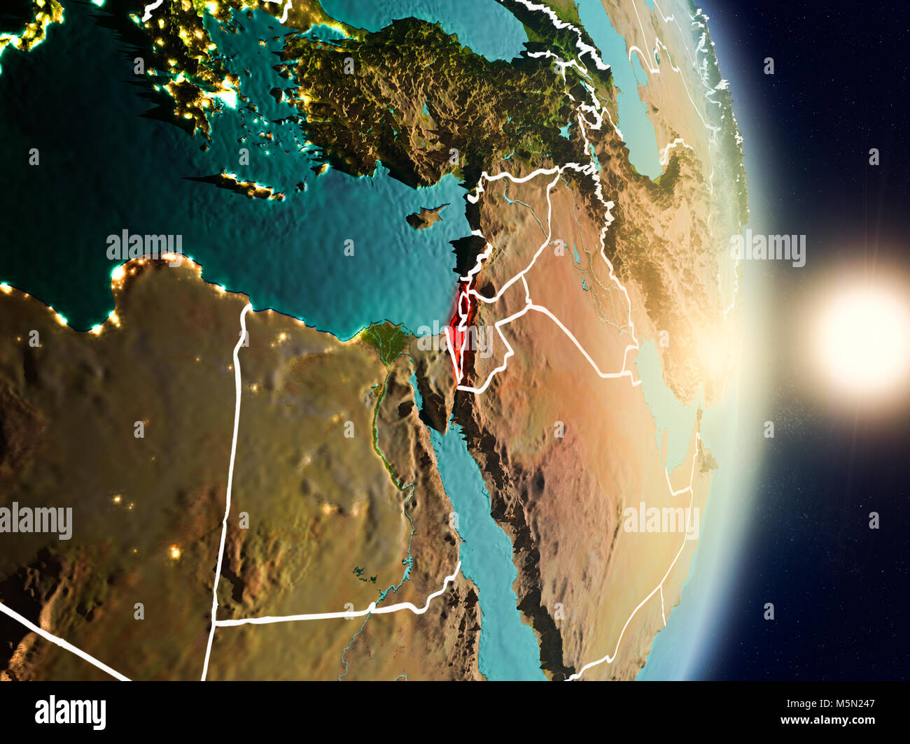 Israel during sunrise highlighted in red on planet Earth with visible ...