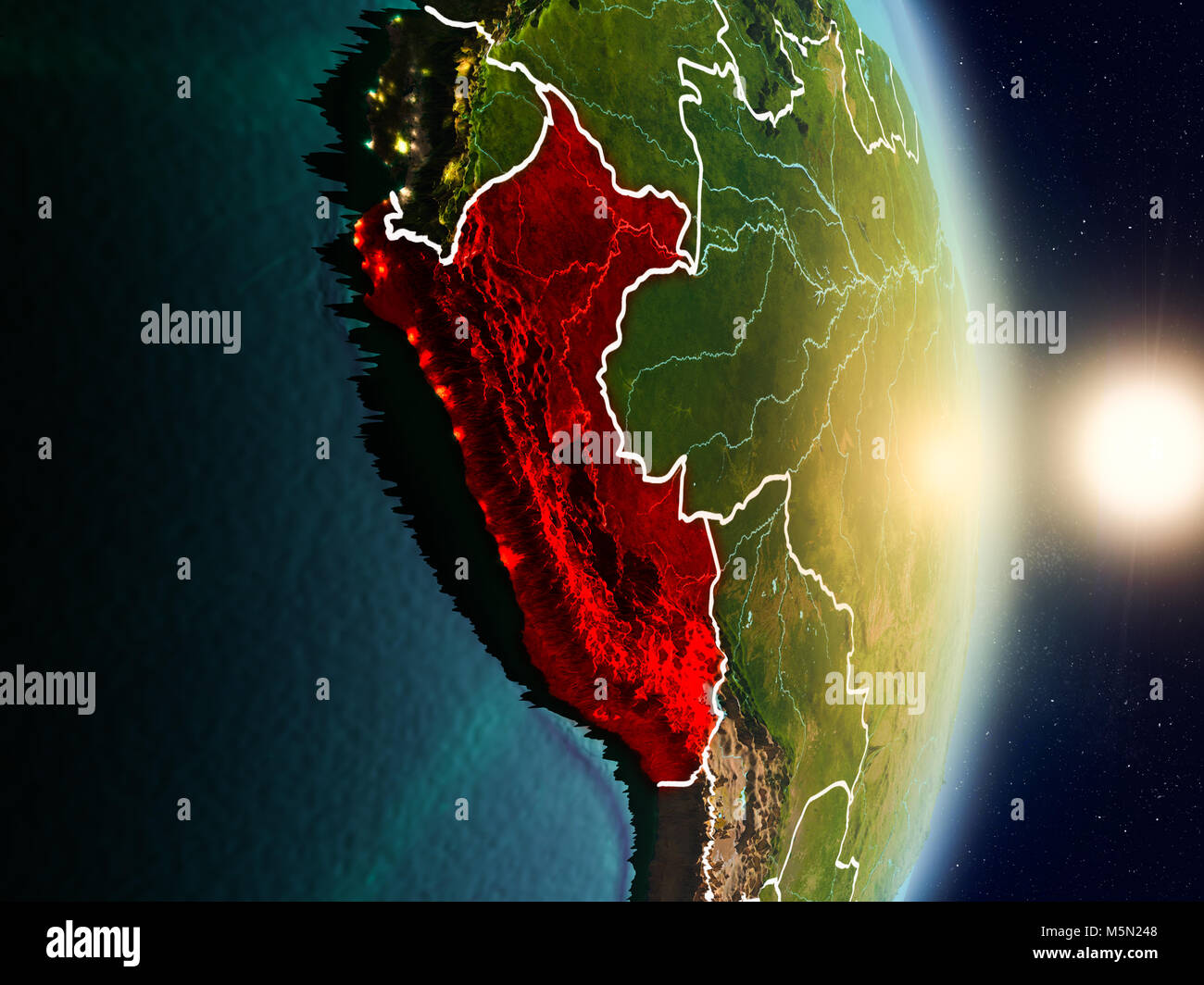 Peru during sunrise highlighted in red on planet Earth with visible ...