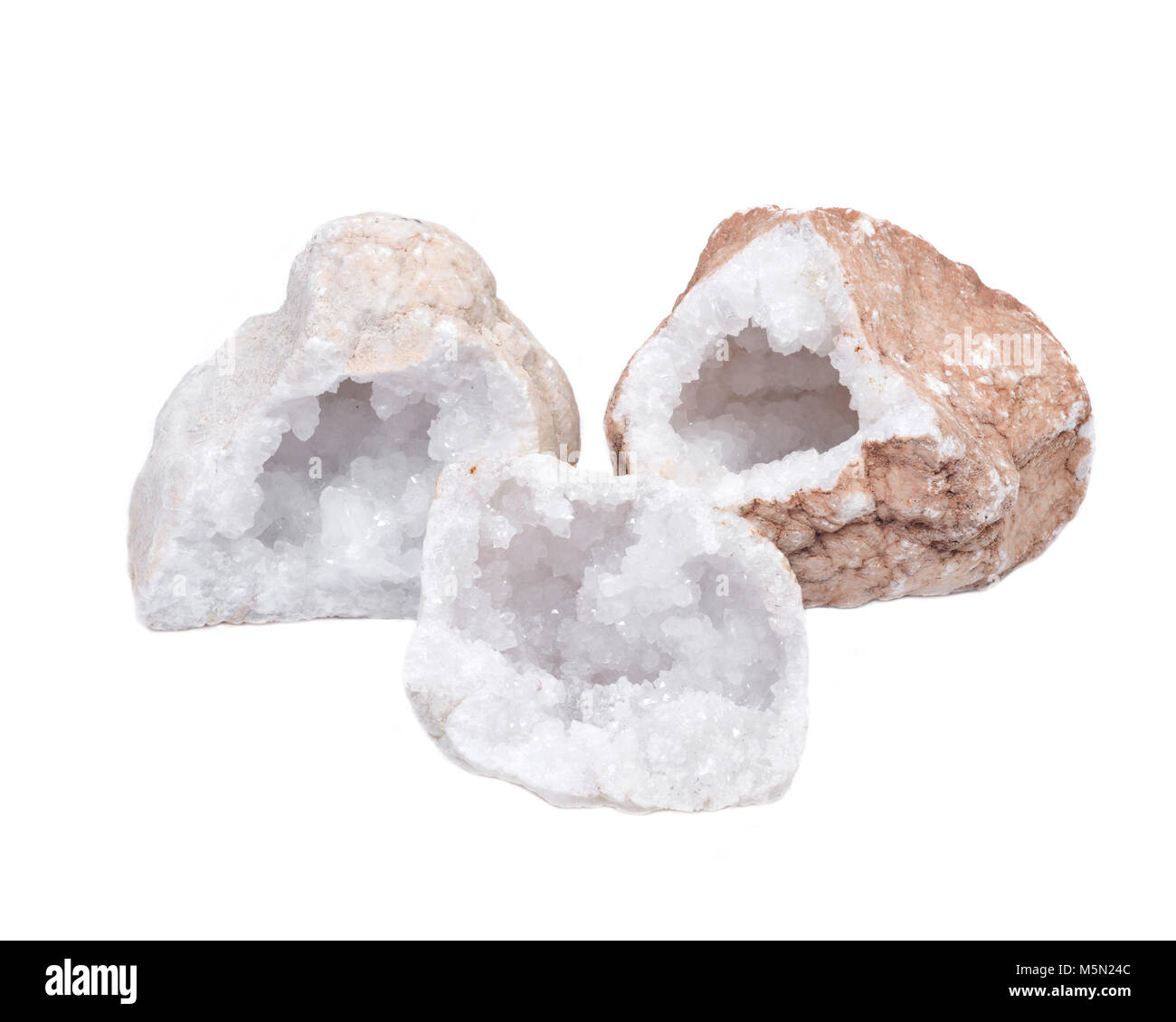 Collection of clear crystal quartz geodes with crystalline druzy center ...